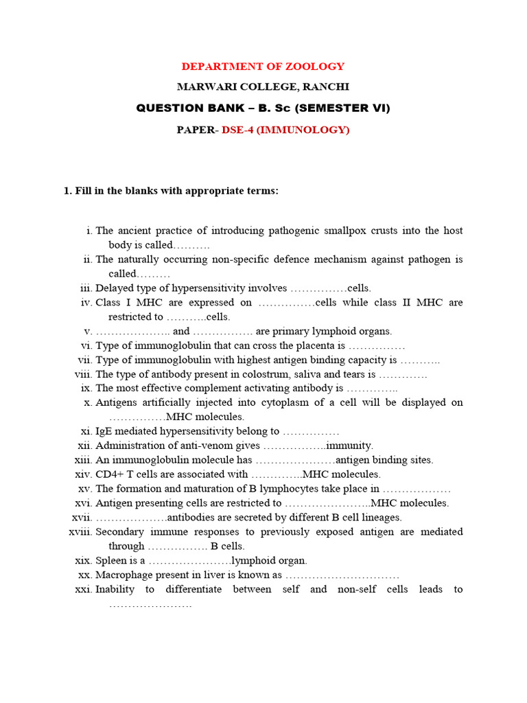 B.SC ZOOLOGY Semester VI Question Bank DSE 4 | PDF
