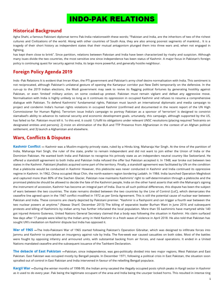 Indo-Pak Relations | PDF | India–Pakistan Relations | Pakistan