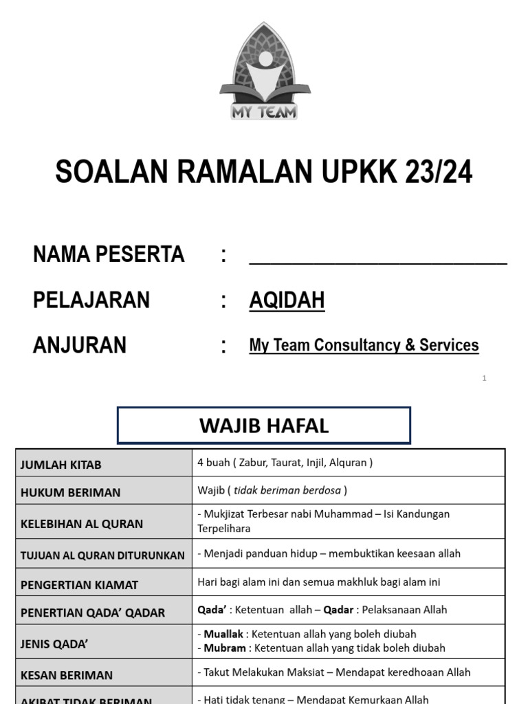 Soalan Ramalan Akidah UPKK 2023/2024 | PDF