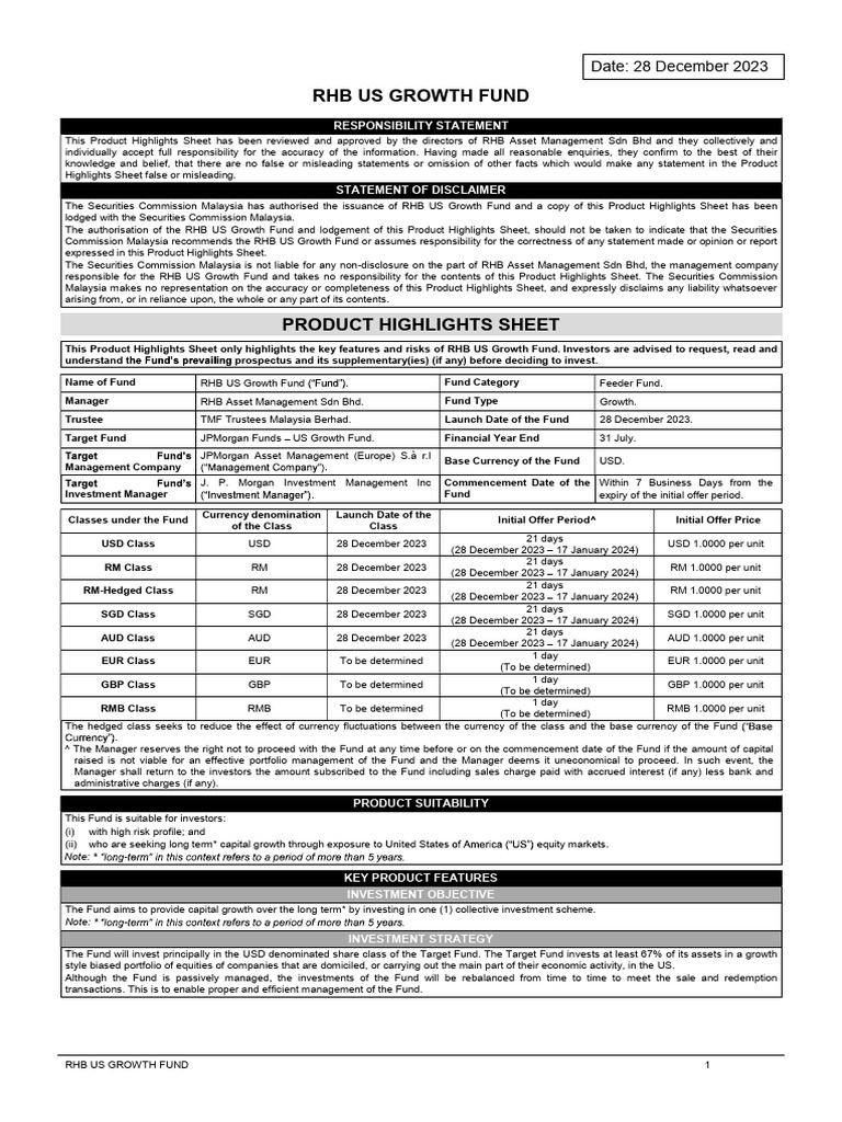 RHB US Growth Fund Highlights | PDF | Investment Fund | Investing