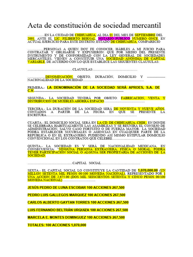 Acta de Constitucion de Sociedad Mercantil | PDF