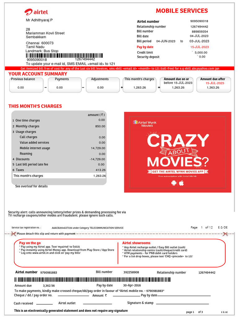 Airtel Postpaid Bill - Jul2023 | PDF