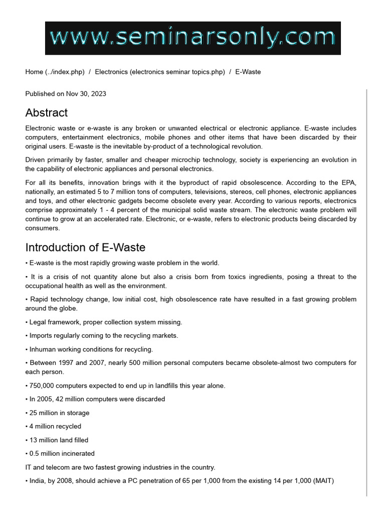 E-Waste - Seminar Report, PPT, PDF For ECE Students | PDF | Electronic ...