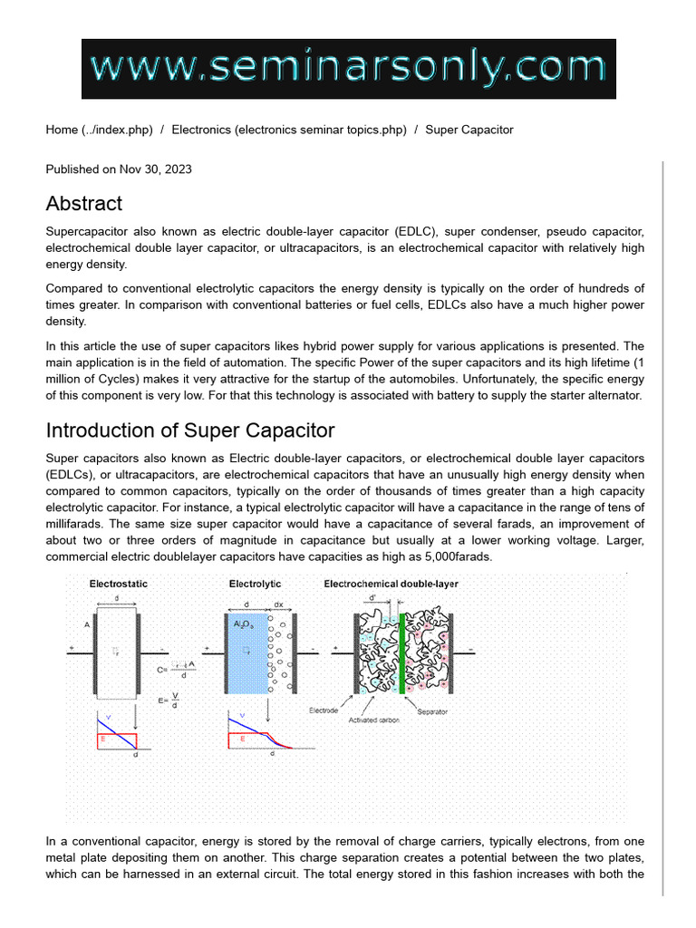 Super Capacitor - Seminar Report, PPT, PDF For ECE Students | PDF | Capacitor | Applied And ...