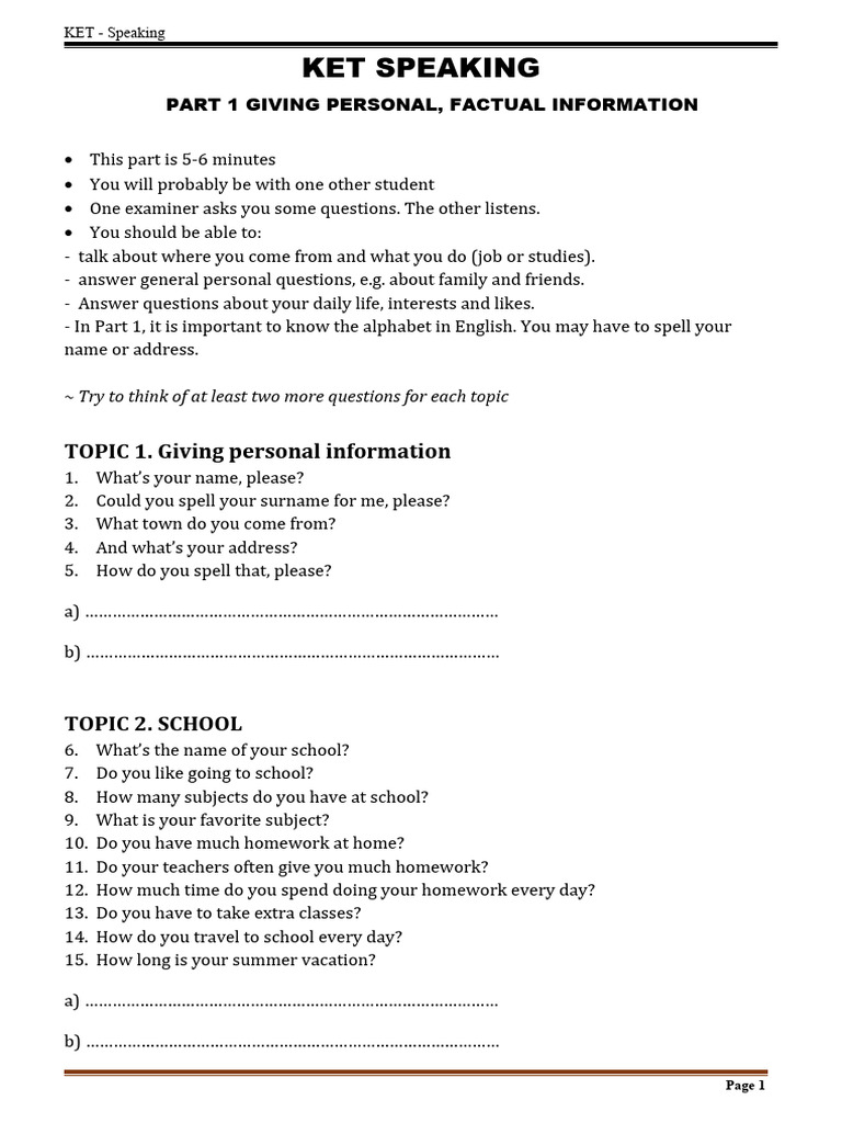 KET Speaking Part 1 Guide | PDF | Lunch | Meal
