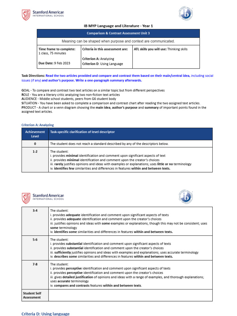 Grade 6 LL CC Assessment Unit 3 - Sara Dhamija | PDF