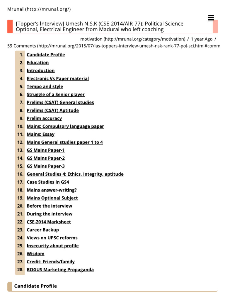 IAS Topper's Interview - Umesh N.S.K. Rank 77 Pol | PDF