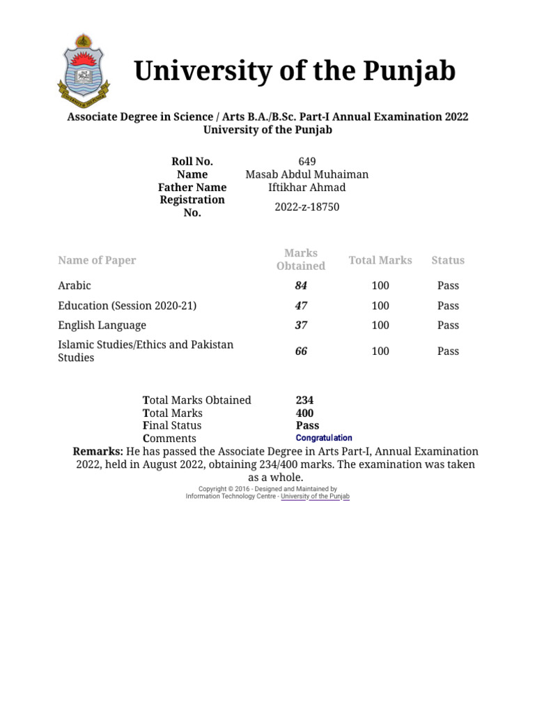 University of The Punjab - Results - Associate Degree in Science - Arts ...