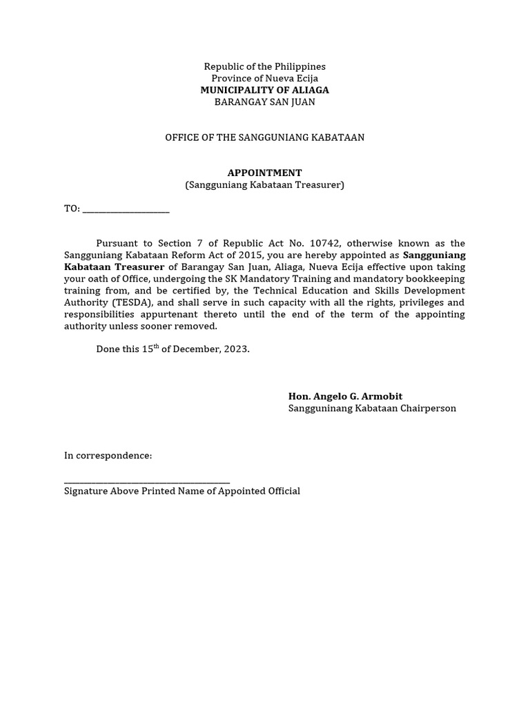 Appointment SK Treasurer ALIAGA | PDF