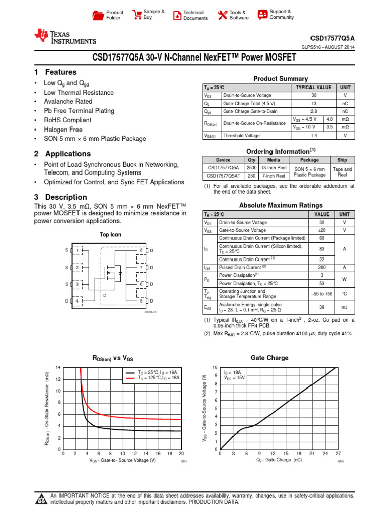 Csd17577Q5A 30-V N-Channel Nexfet™ Power Mosfet: 1 Features | PDF
