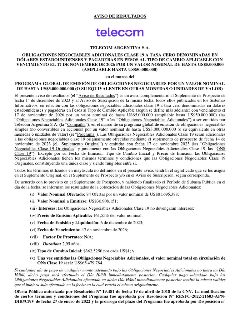 Telecom - ONs Clase 19 - Aviso de Resultados | PDF Telecom - ONs Clase 19 - Aviso de Resultados | PDF