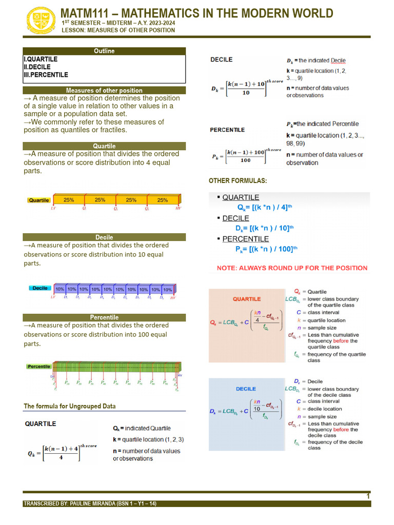 MATM111 - Lesson 2 - MEASURES OF OTHER POSITION | PDF
