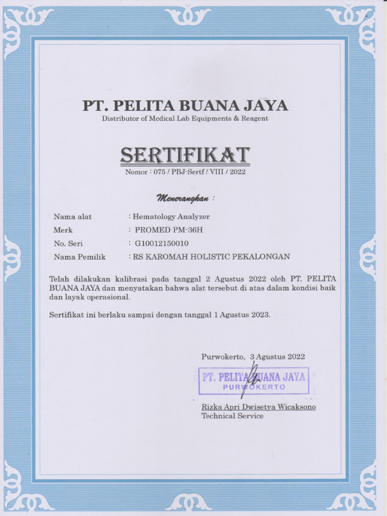 Sertifikat Kalibrasi Alat RS Karomah Holistic Pekalongan | PDF
