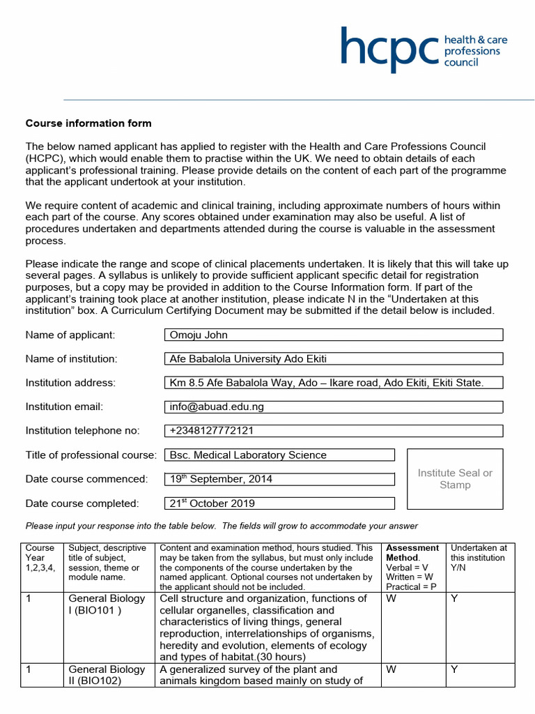 HCPC Course Information Form 1 2 | PDF | Biochemistry | Chemistry