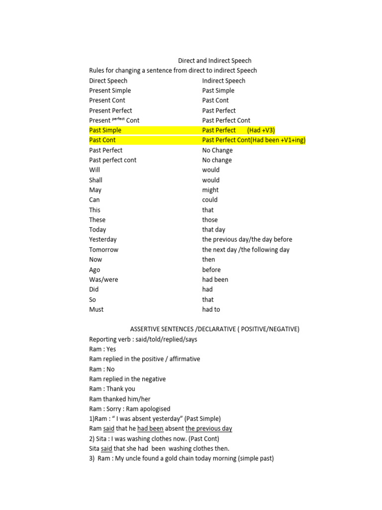 Direct and Indirect Speech Rules Examples and Exercises | PDF