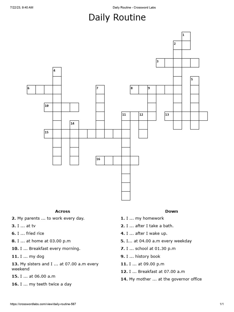 Daily Routine Crossword Puzzle | PDF