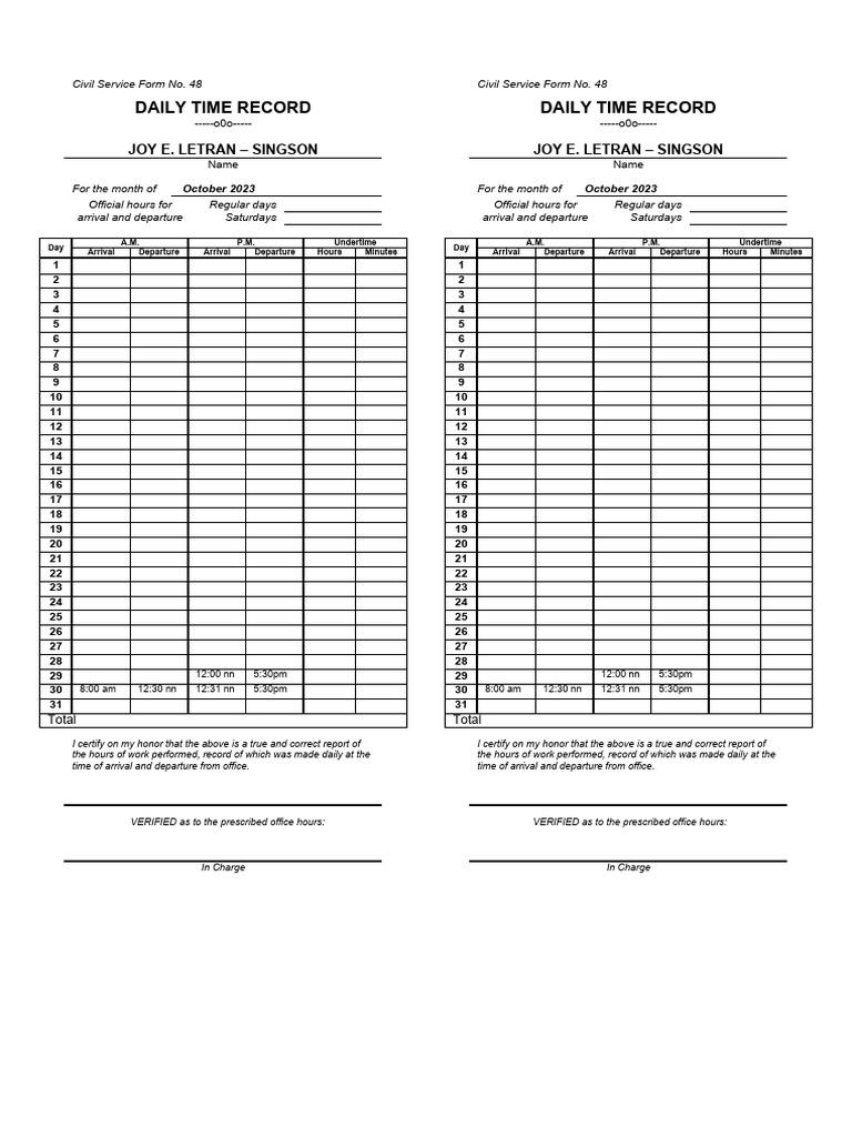 Appendix 24 - Daily Time Record (DTR) (1) | PDF