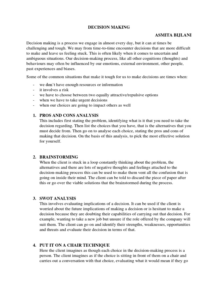 Decision Making Worksheets | PDF | Decision Making | Thought