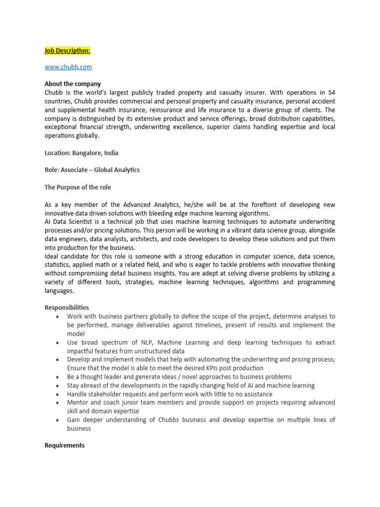 AI Data Scientist Role at Chubb India | PDF