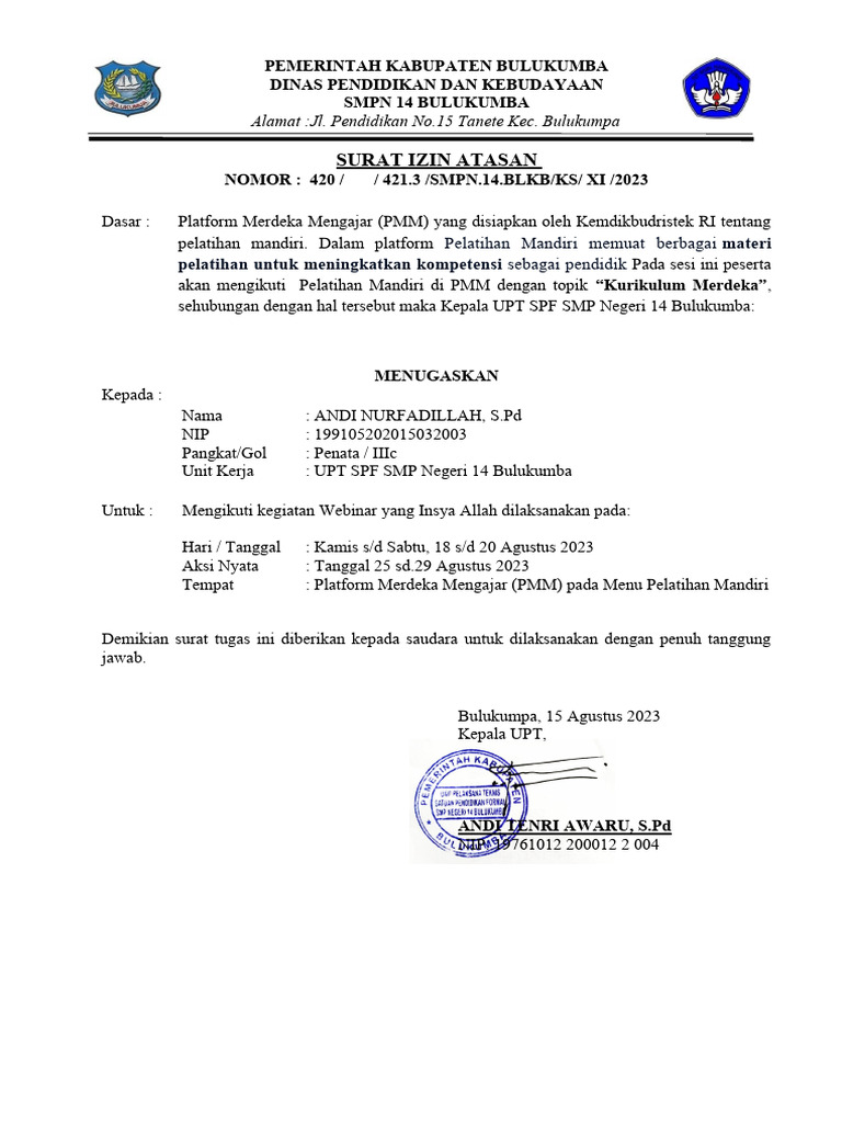 Surat Tugas PMM Kumer | PDF