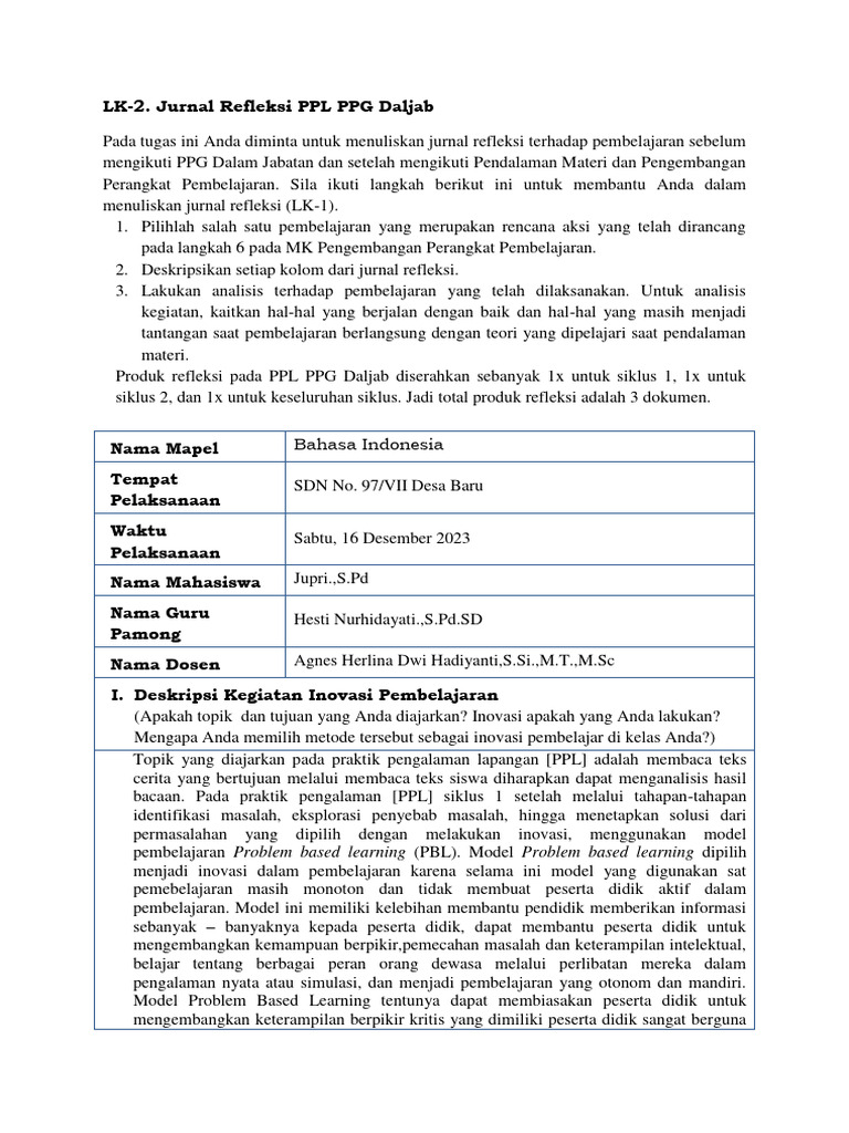 LK-2. Jurnal Refleksi PPL PPG Daljab | PDF