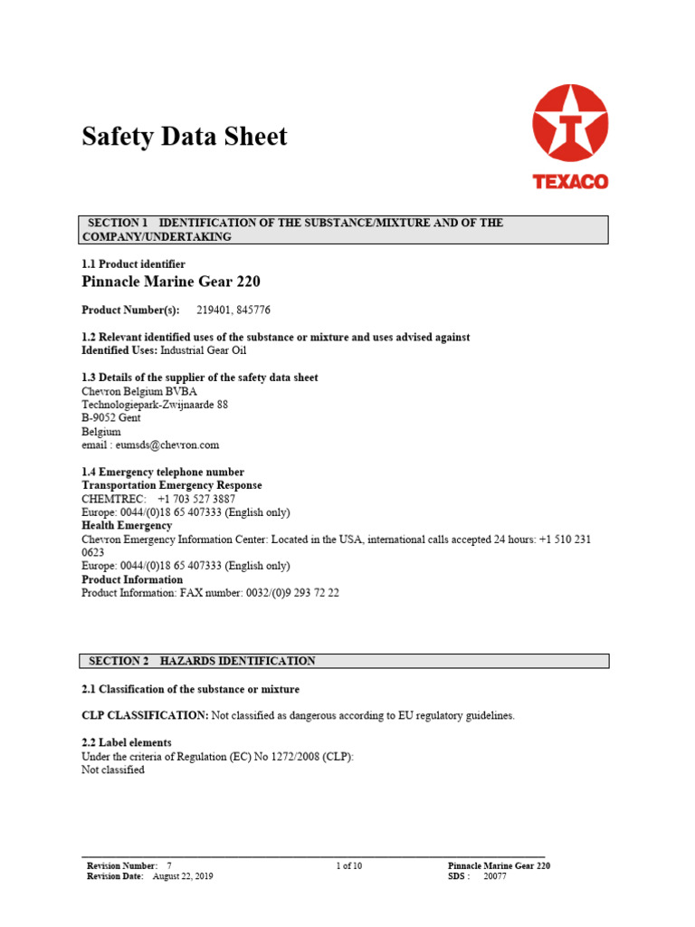 Pinnacle Marine Gear 220 Safety Data Sheet | PDF | Occupational Safety ...