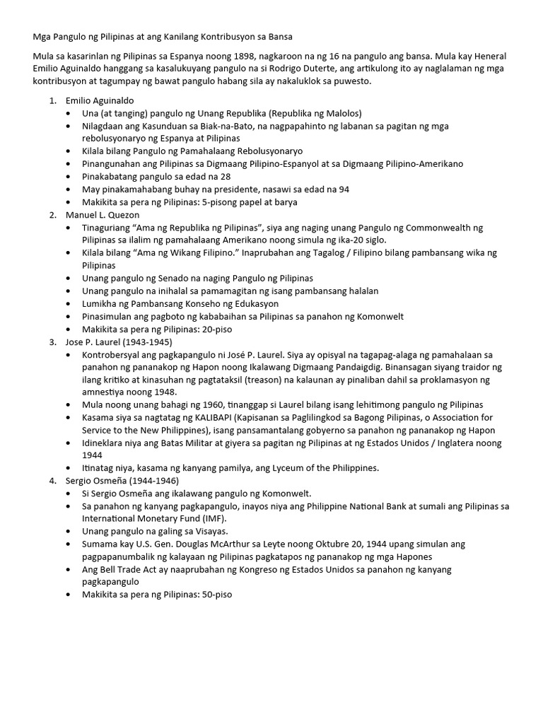 Mga Pangulo NG Pilipinas at Ang Kanilang Kontribusyon Sa Bansa | PDF
