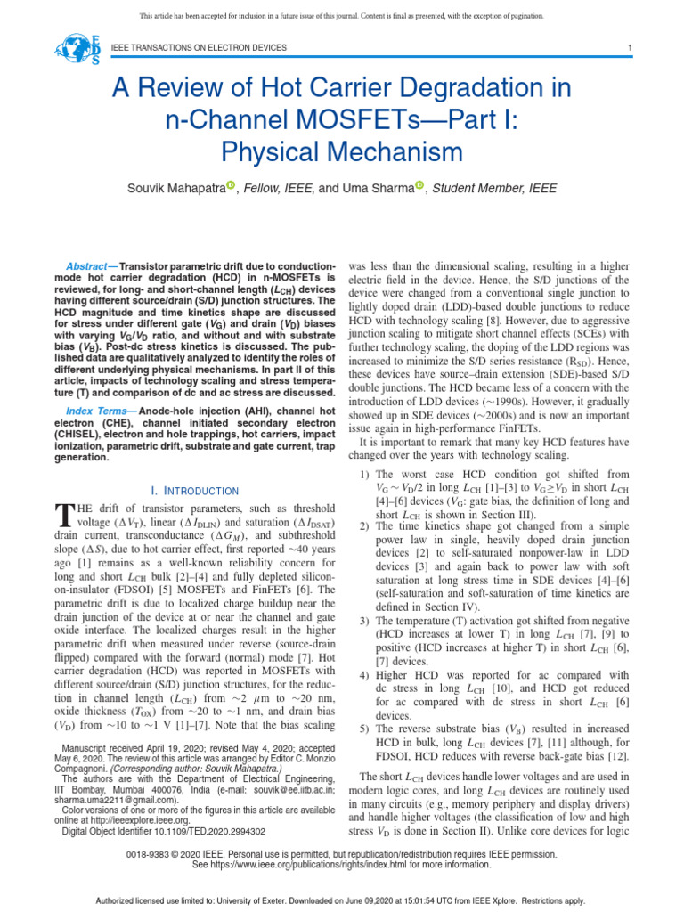 A Review of Hot Carrier Degradation in N-Channel MOSFETs - Part I ...