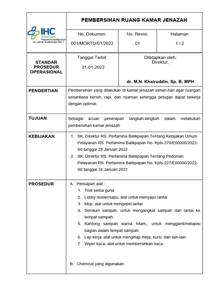 Spo Pembersihan Ruang Kamar Jenazah | PDF
