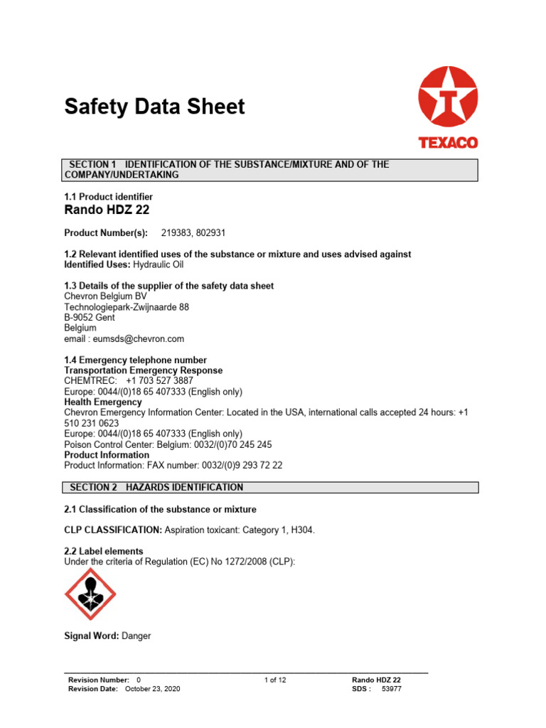 Rando HDZ 22 Hydraulic Oil Safety Data Sheet | PDF