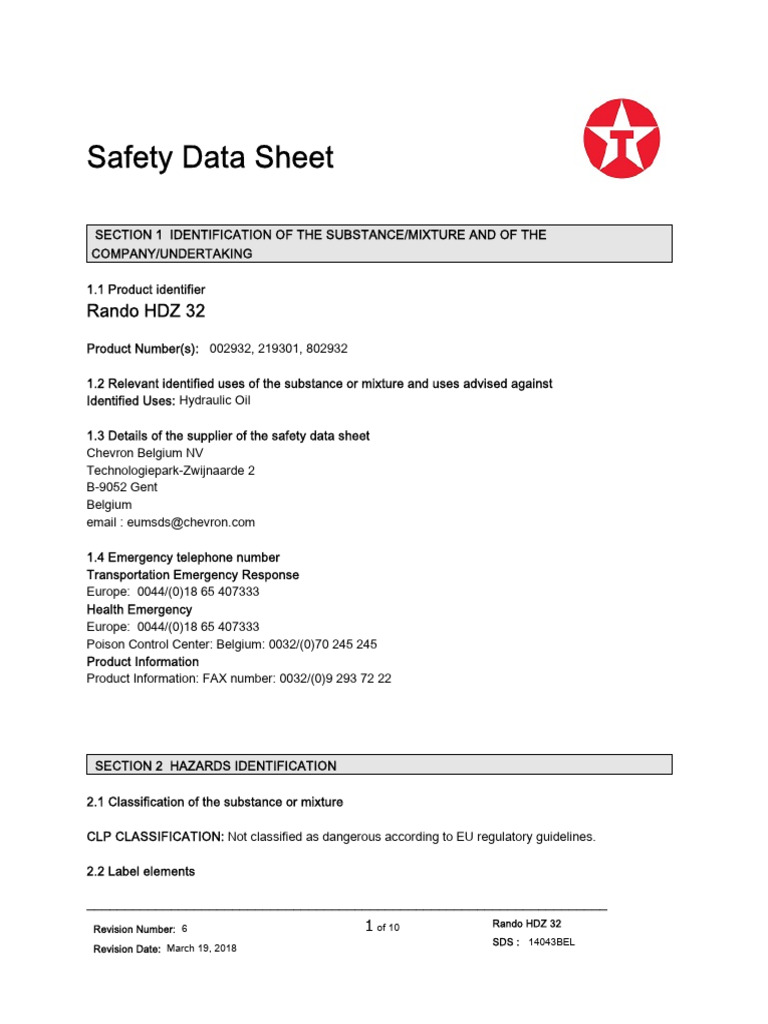 Rando HDZ 32 Hydraulic Oil Safety Data | PDF | Technology & Engineering