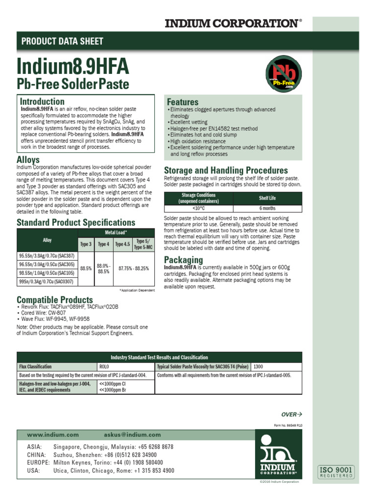 Indium8.9HFA 98549 R10 | PDF | Solder | Materials