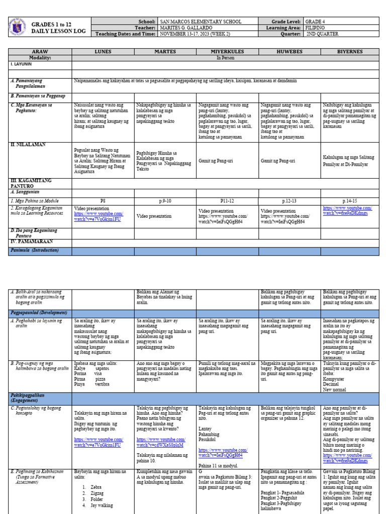 DLL - Filipino-4 - W2 - Q2 | PDF