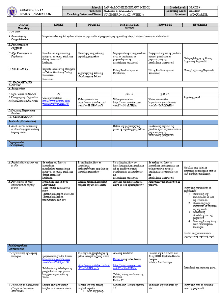 DLL - Filipino-4 - W3-Q2 | PDF