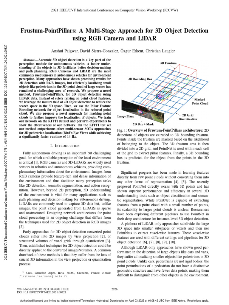 Frustum-PointPillars A Multi-Stage Approach For 3D Object Detection Using RGB Camera and LiDAR | PDF