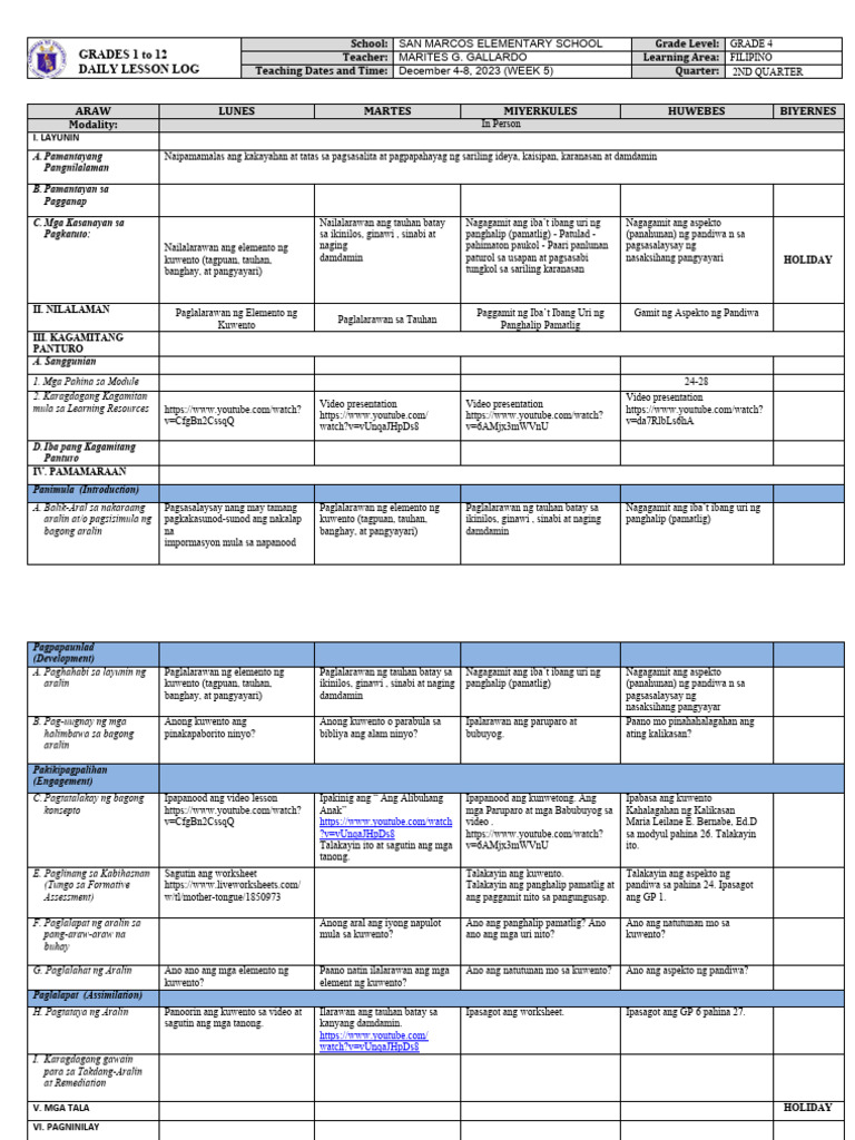 DLL - Filipino-4 - W3-Q2 | PDF