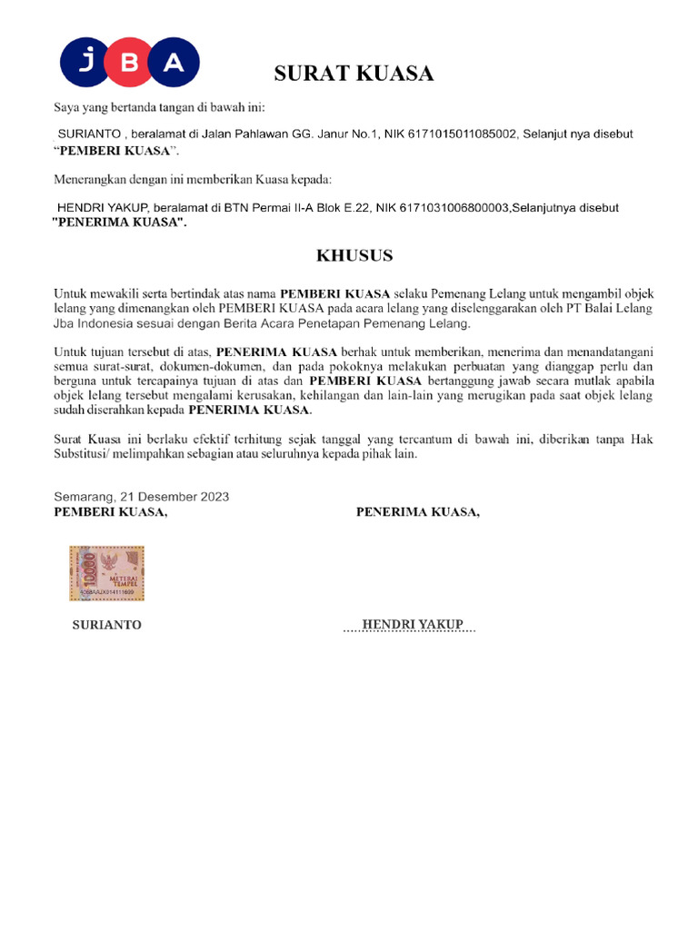 Surat Kuasa JBA | PDF