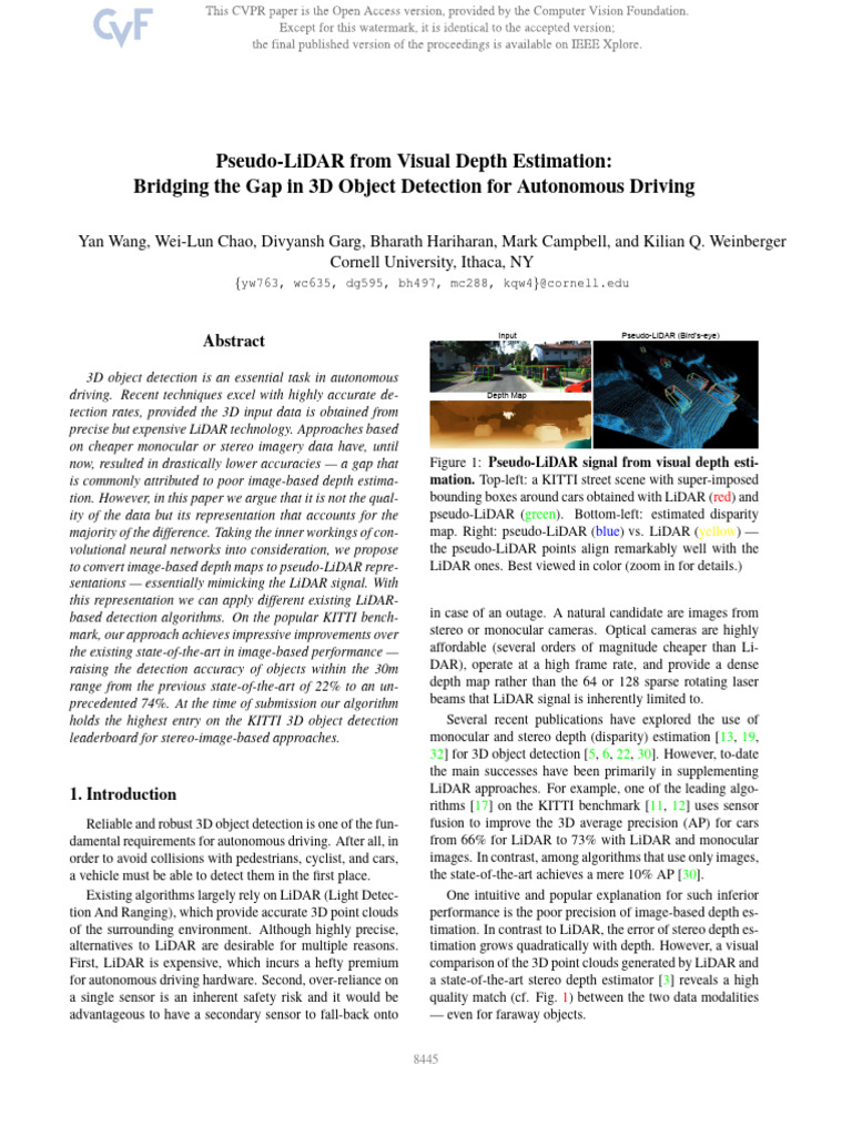 Wang Pseudo-LiDAR From Visual Depth Estimation Bridging The Gap in 3D CVPR 2019 Paper | PDF