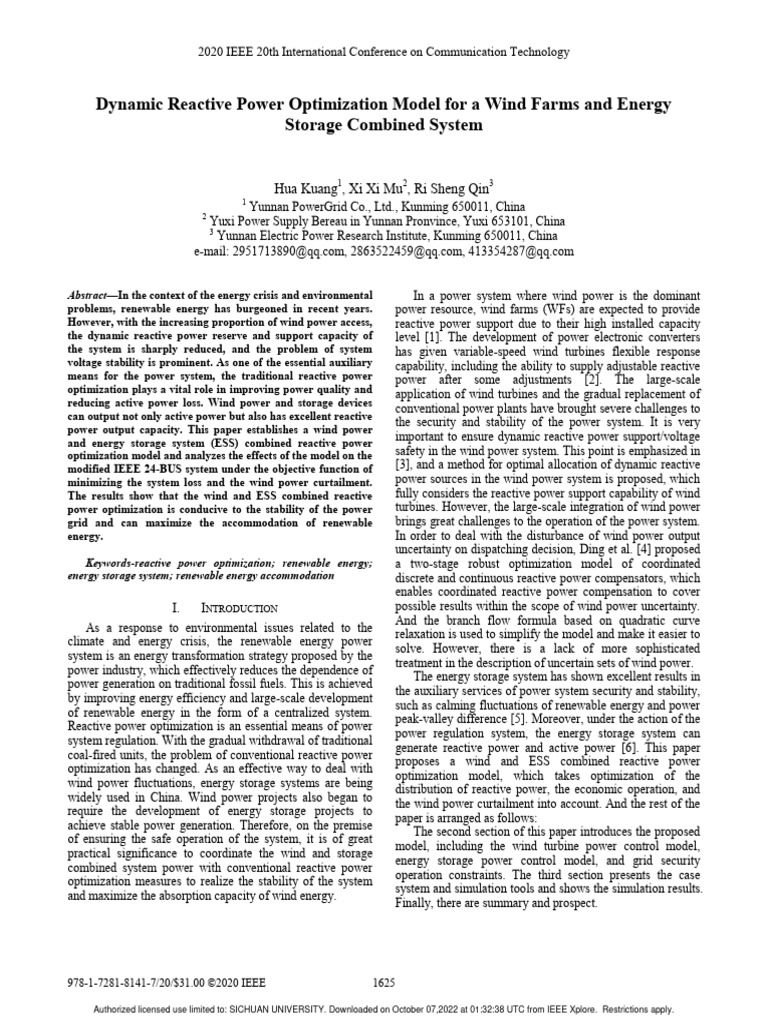 Dynamic Reactive Power Optimization Model For A Wind Farms and Energy Storage Combined System | PDF