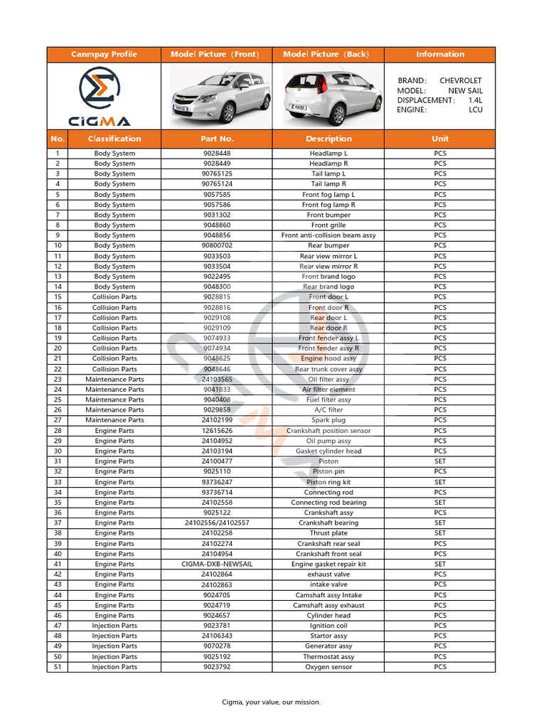 Chevrolet New Sail Parts Catalogue | PDF