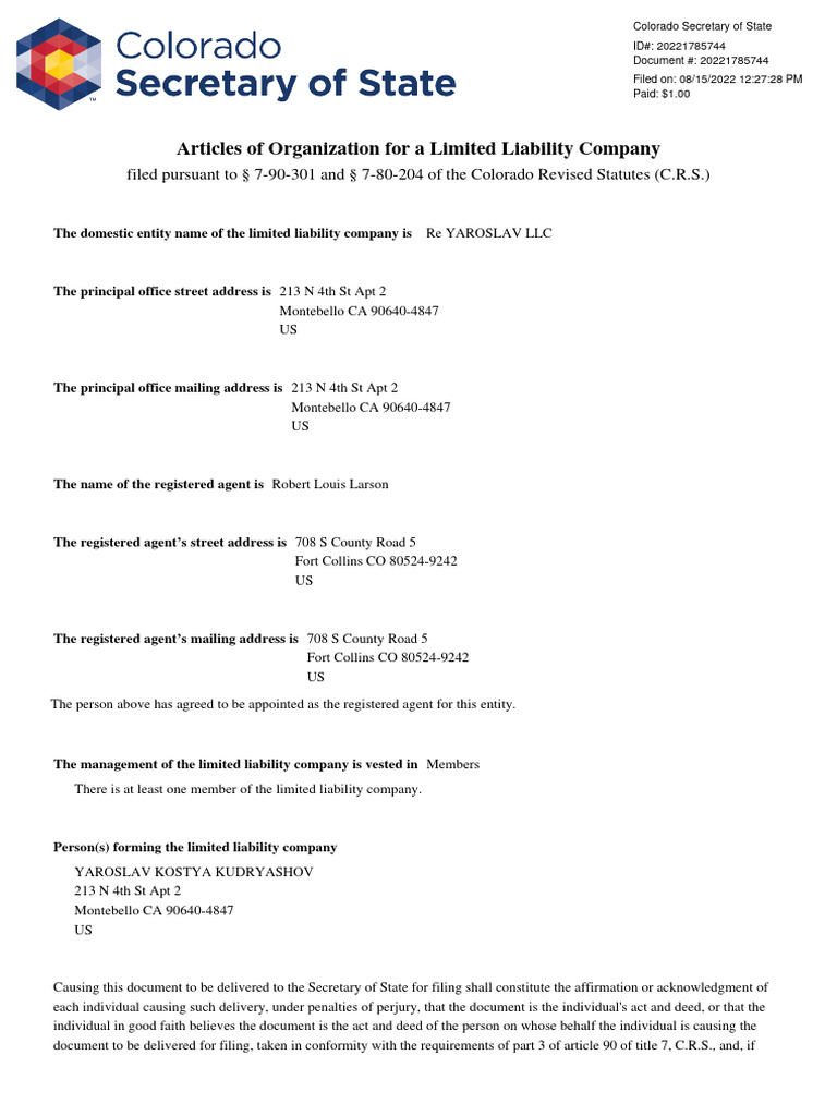 Colorado LLC Articles of Organization | PDF | Limited Liability Company ...