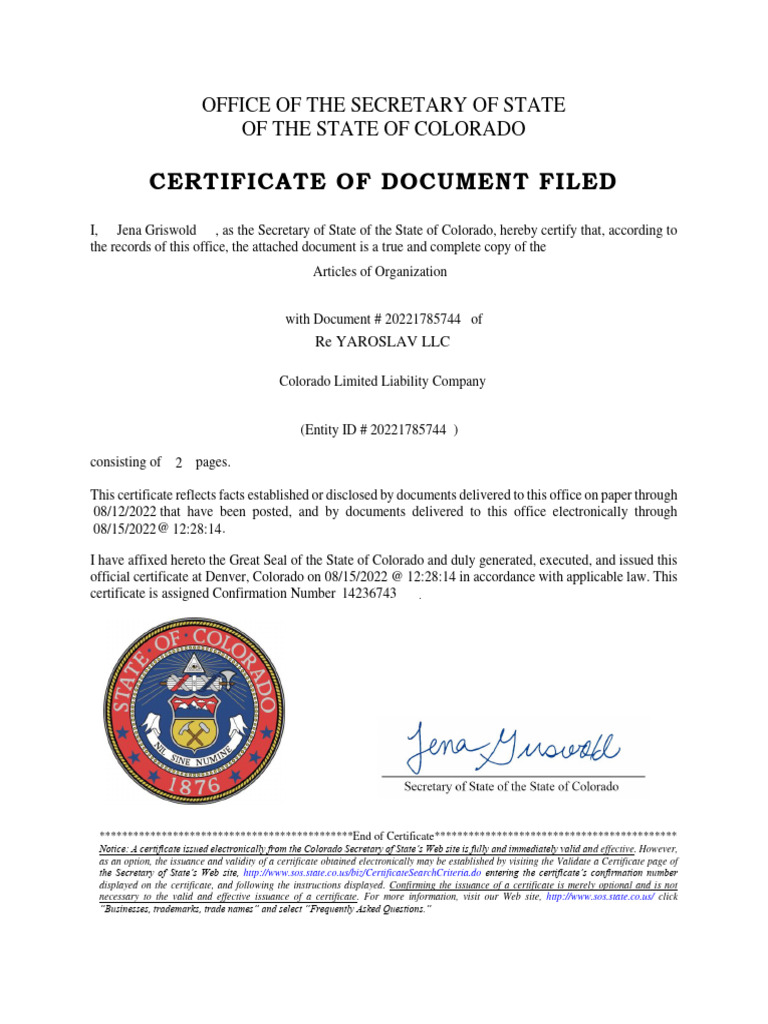 Certificate of Document Filed: Office of The Secretary of State of The ...