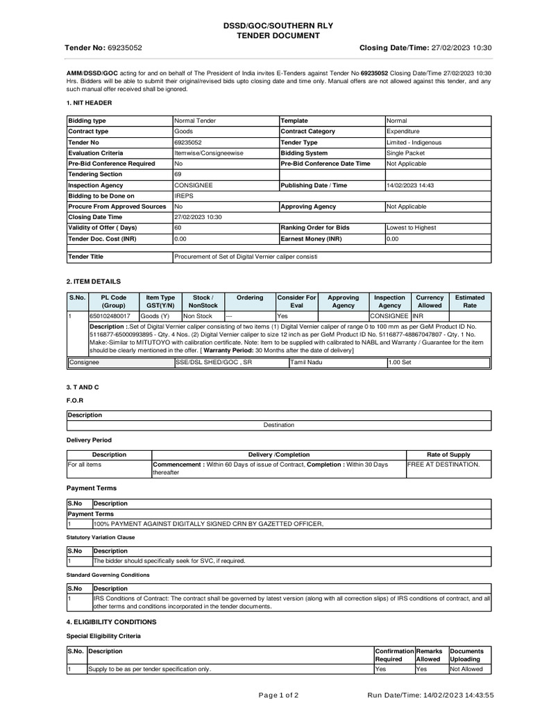 E-Tender for Digital Vernier Calipers | PDF