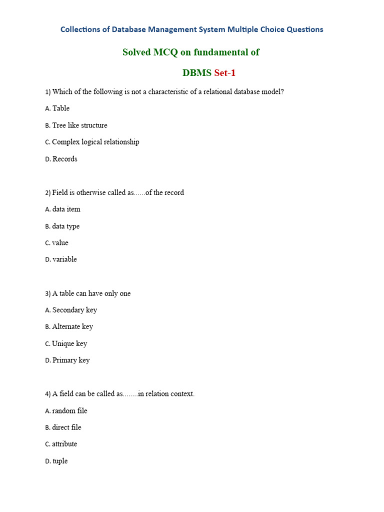 Solved DBMS Study MCQs | PDF | Computers