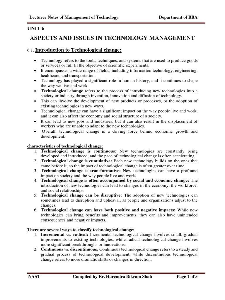 Unit 6 Aspects and Issues in Technology Management | PDF ...