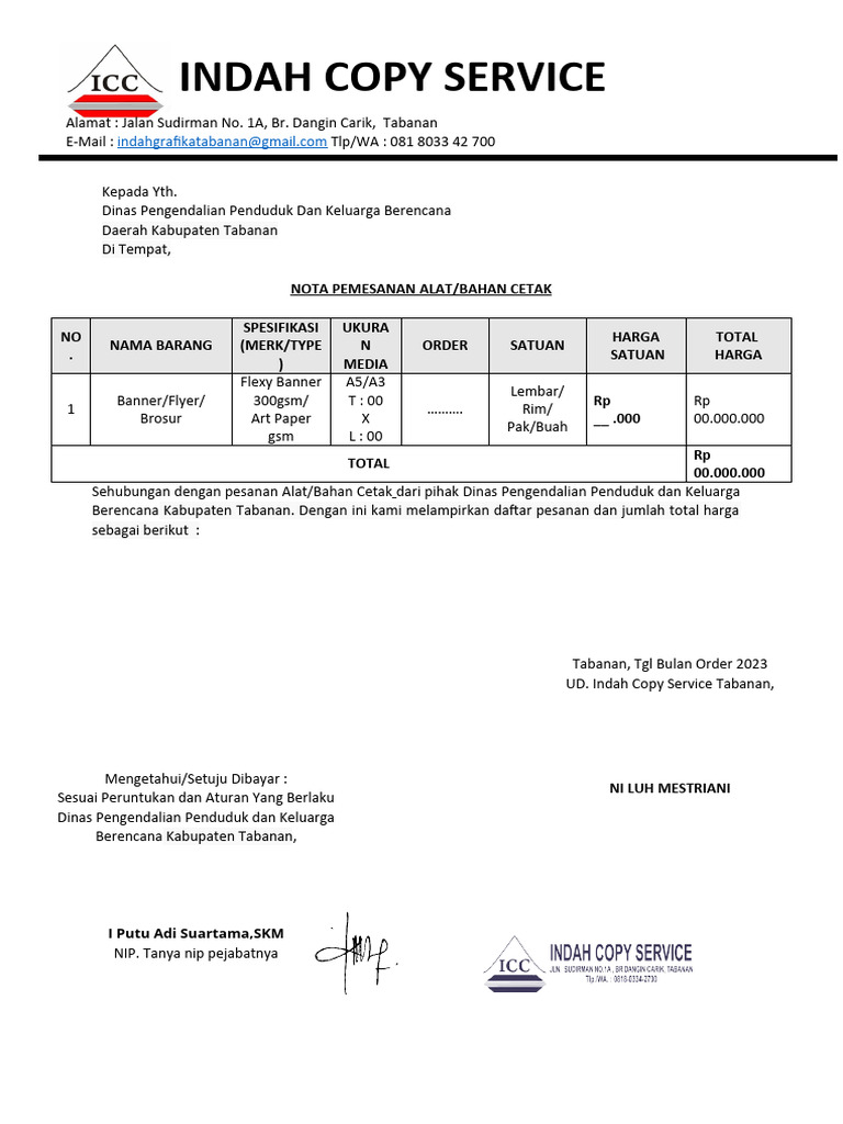 Nota Pemesanan Alat Cetak Tabanan | PDF