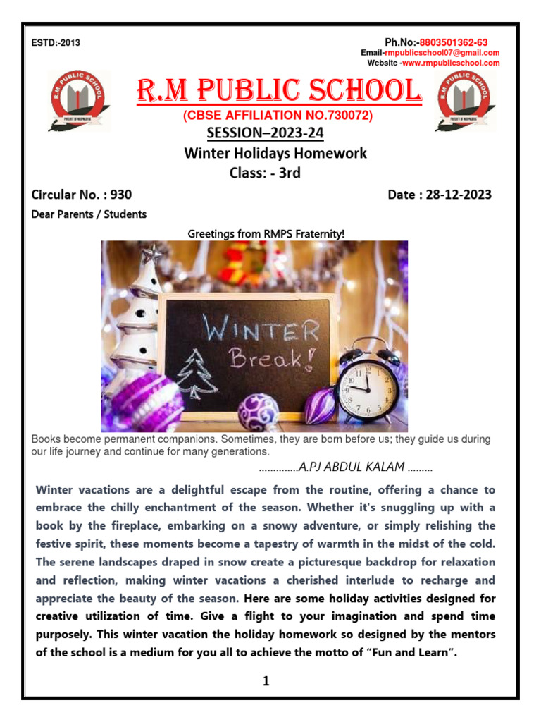 Class 3rd Winter Holiday Homework 1 | PDF
