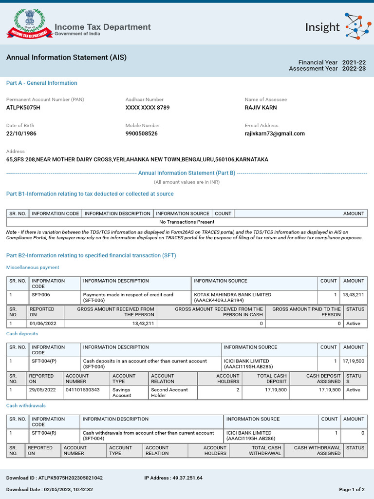 Annual Information Statement (AIS) : ATLPK5075H XXXX XXXX 8789 Rajiv Karn | PDF | Taxes | Cash