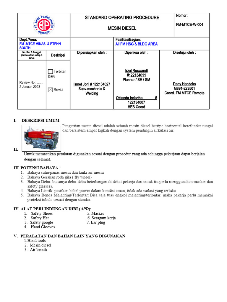 001-SOP Mesin Diesel Yasui | PDF