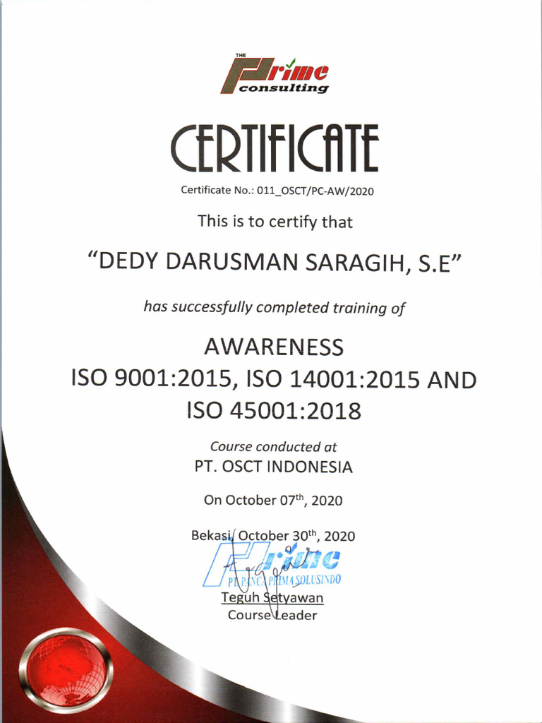 Certificate Awareness 2020 - ISO 90012015, ISO 140012015 AND ISO 450012018-11 - DEDY DARUSMAN ...